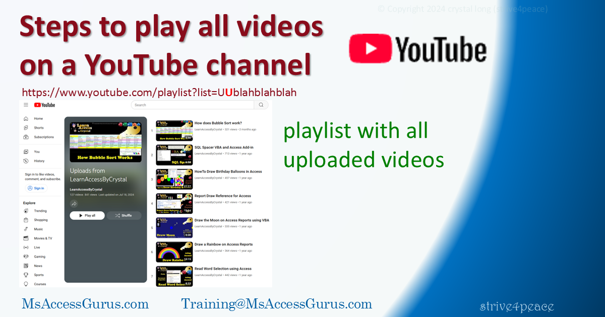 Steps to play videos uploaded to a YouTube channel